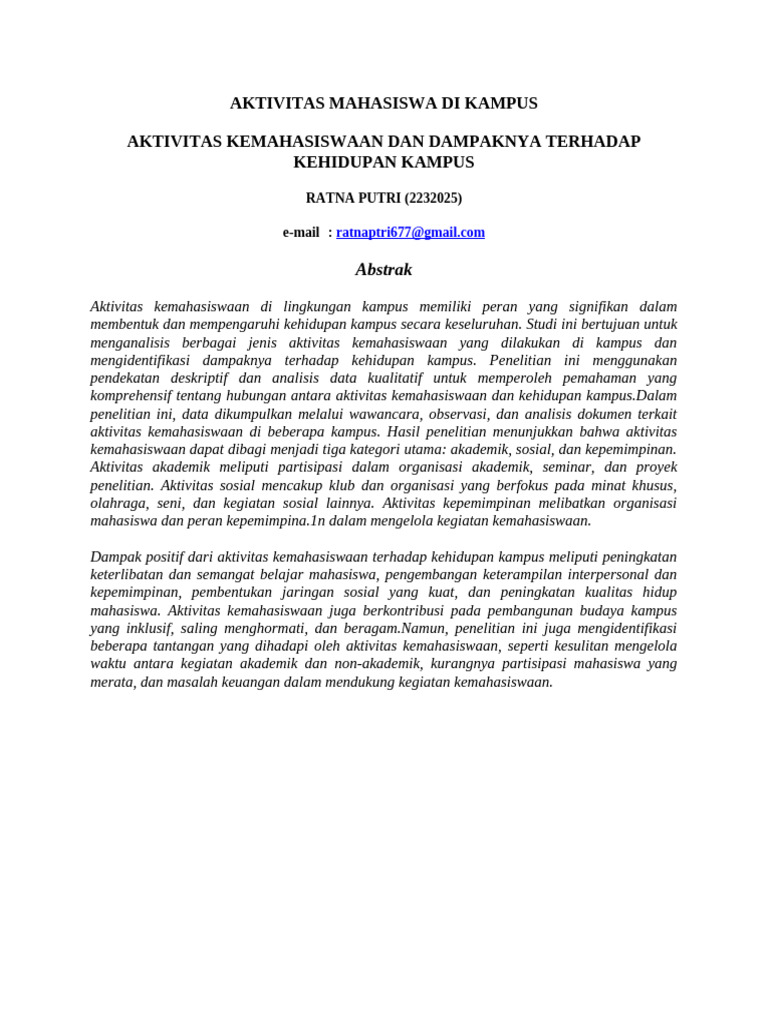 Artikel Ratna Putri AKTIVITAS MAHASISWA DI KAMPUS | PDF