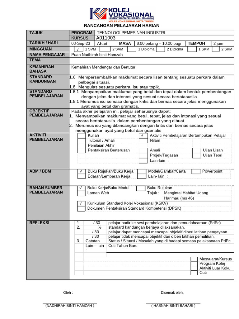 Tajuk Program Kursus Tarikh / Hari Masa Tempoh Mingguan Nama Pengajar ...