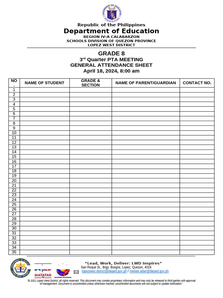 1ST Quarter Pta Attendance Sheet | PDF