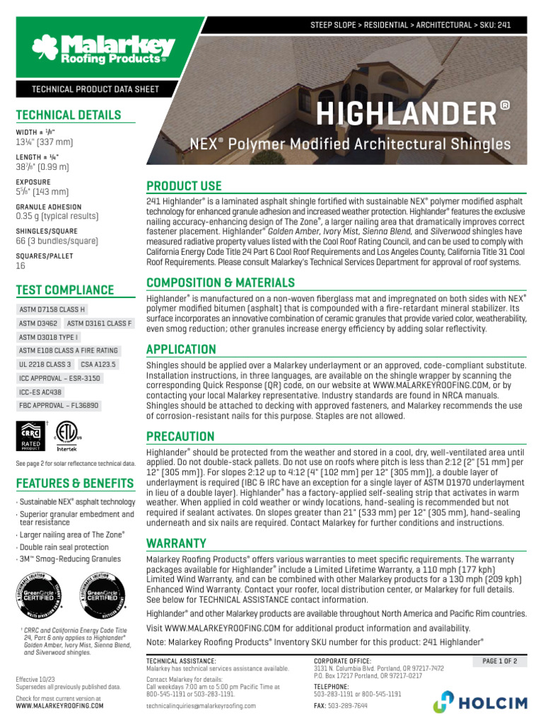 Highlander Tech Data Sheet Malarkey | PDF | Roof | Building Engineering