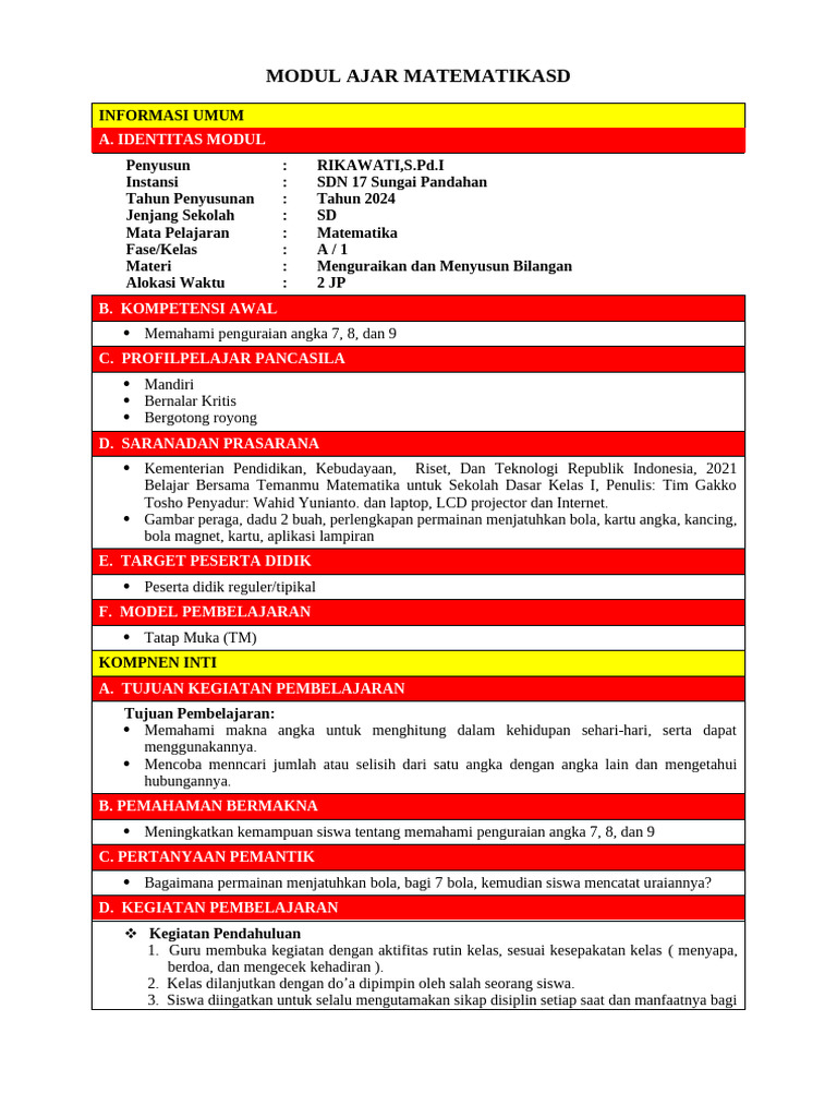 Modul Ajar MTK Kls 1 | PDF
