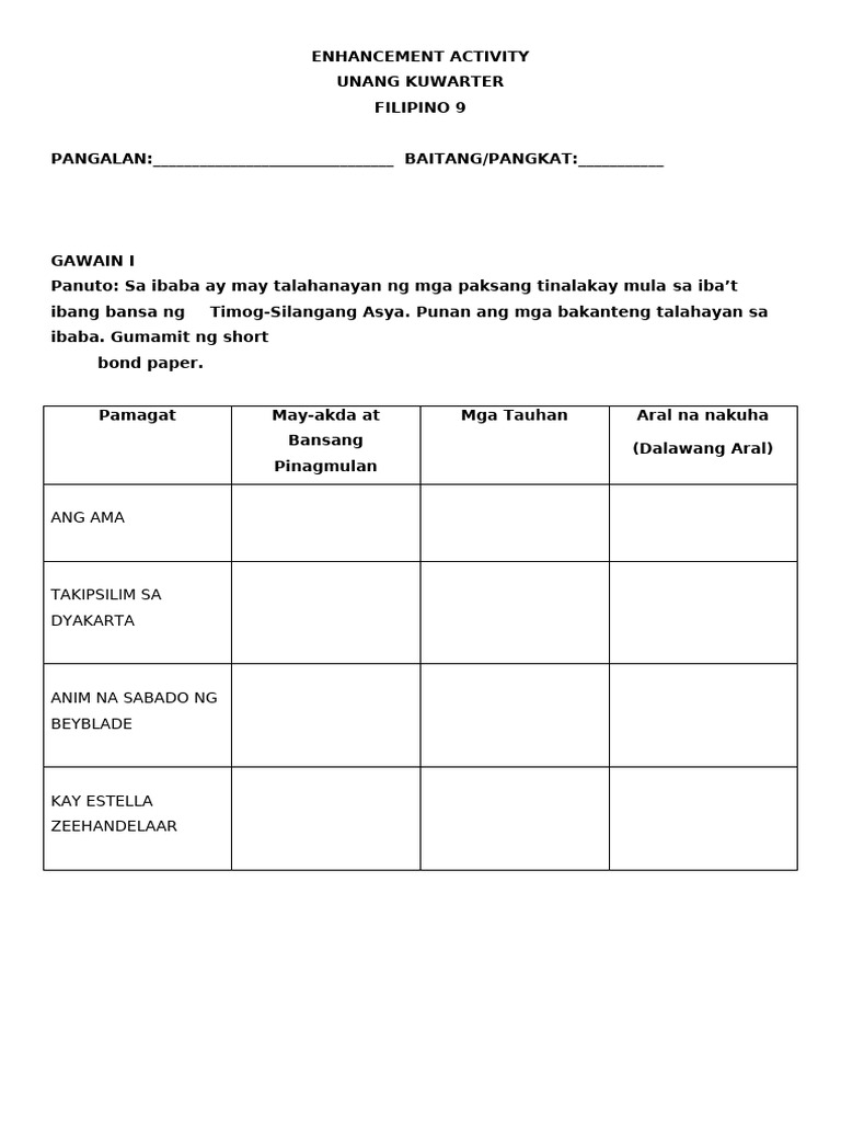 Enhancement Activity in Filipino 9 | PDF
