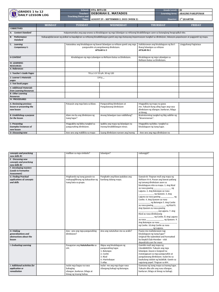DLL - Araling Panlipunan 3 - Q1 - W2 | PDF | Cognitive Science | Education Theory