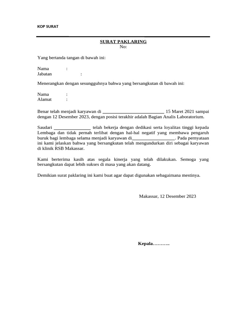 Contoh Surat Paklaring | PDF