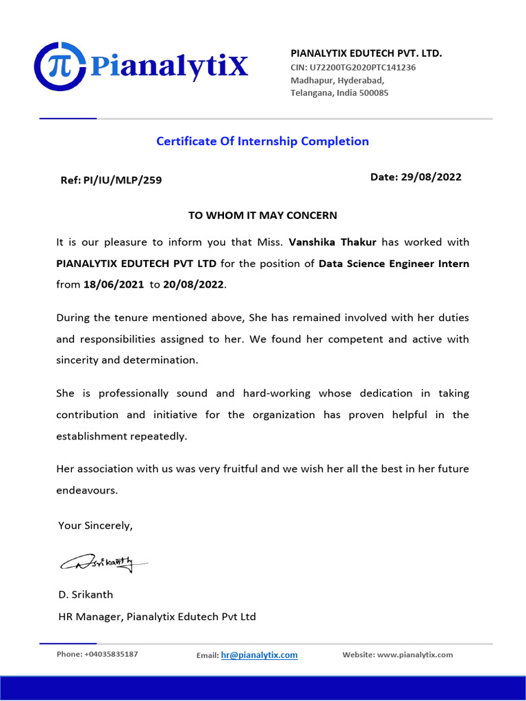 Vanshika Thakur Data Science Internship Letter Pianalytix | PDF