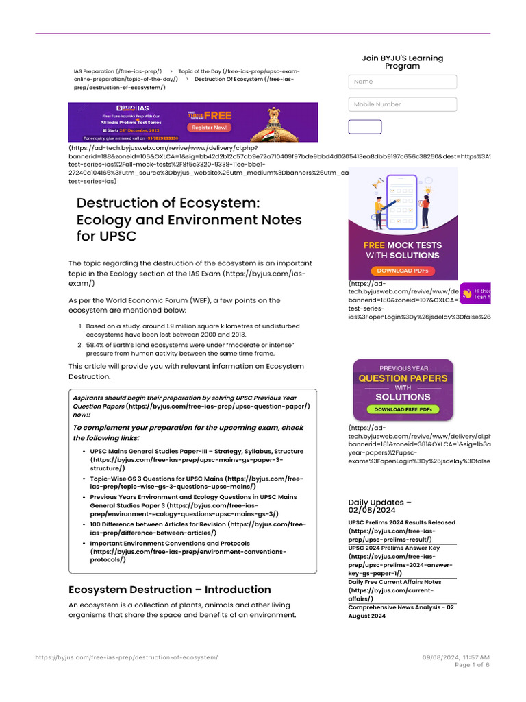 Destruction of Ecosystem - Introduction, Causes and Impact | PDF