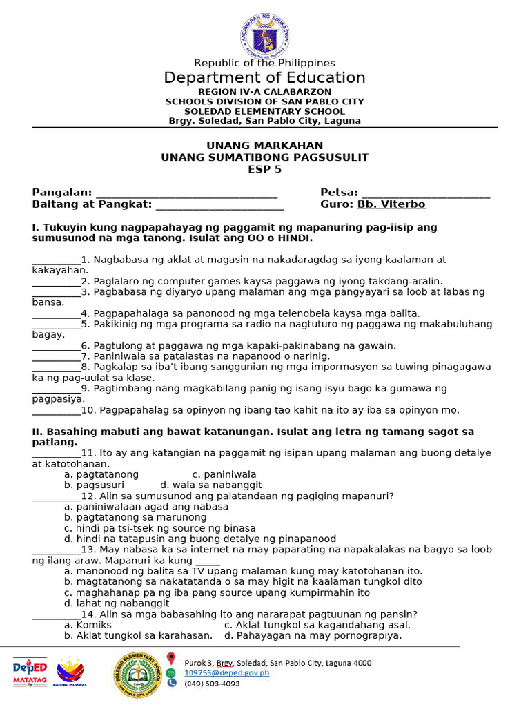 Q1-ESP 5 - 1st ST | PDF
