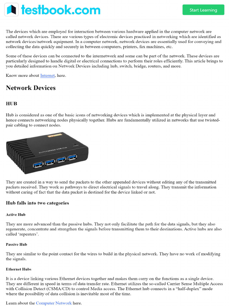 Types of Computer Network Devices_ Switches, Router, Bridges, Hub | PDF