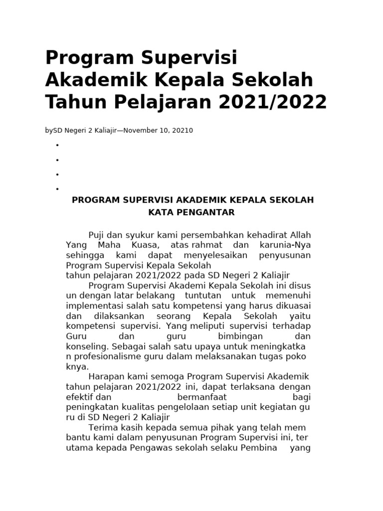 Program Supervisi Akademik Kepala Sekolah Tahun Pelajaran 2021 | PDF