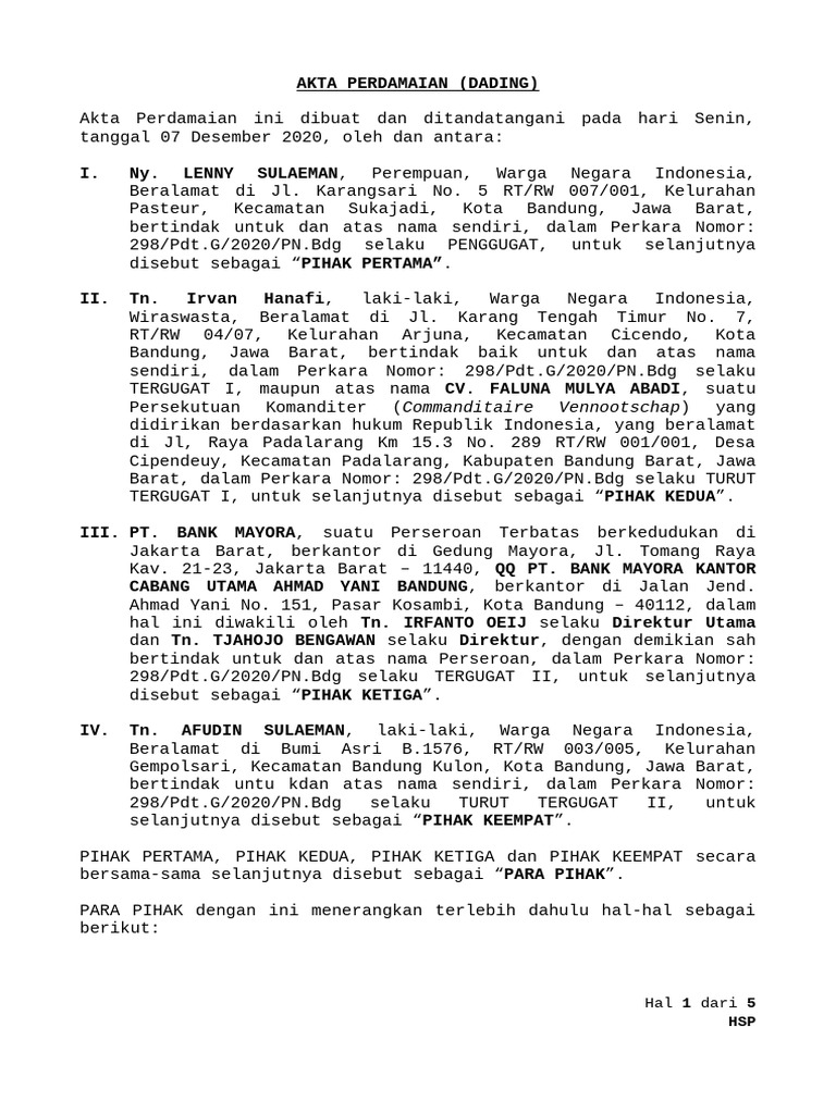 FINAL DRAFT Perjanjian Perdamaian (Akta Dading) Perkara No. 298.Pdt.G ...