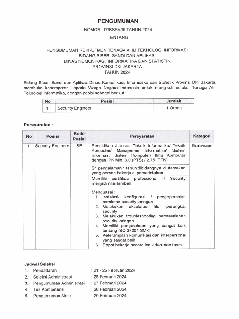 Rekrutment TA Security-Engineer-BSSA - 2024 | PDF