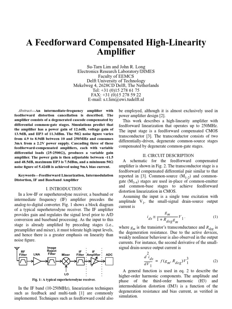 A Feed Forward Compensated High-Linearity Amplifier | PDF | Distortion ...