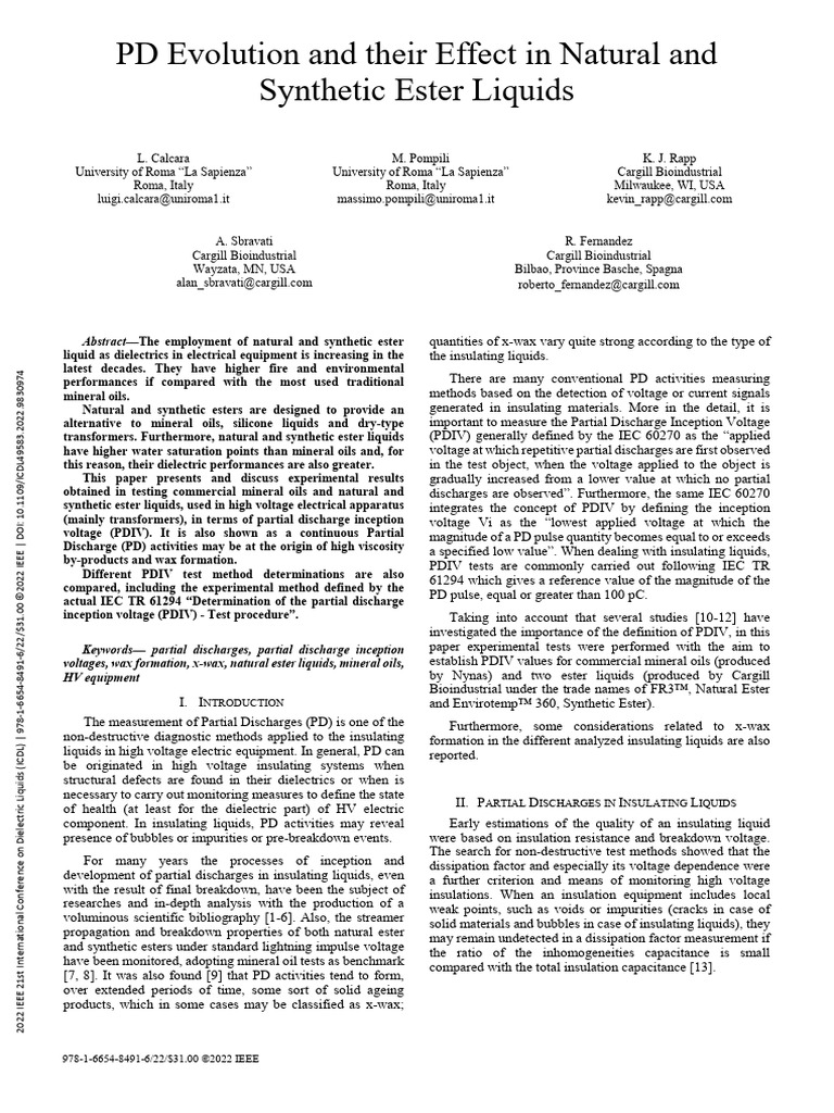 PD Evolution and Their Effect in Natural and Synthetic Ester Liquids | PDF