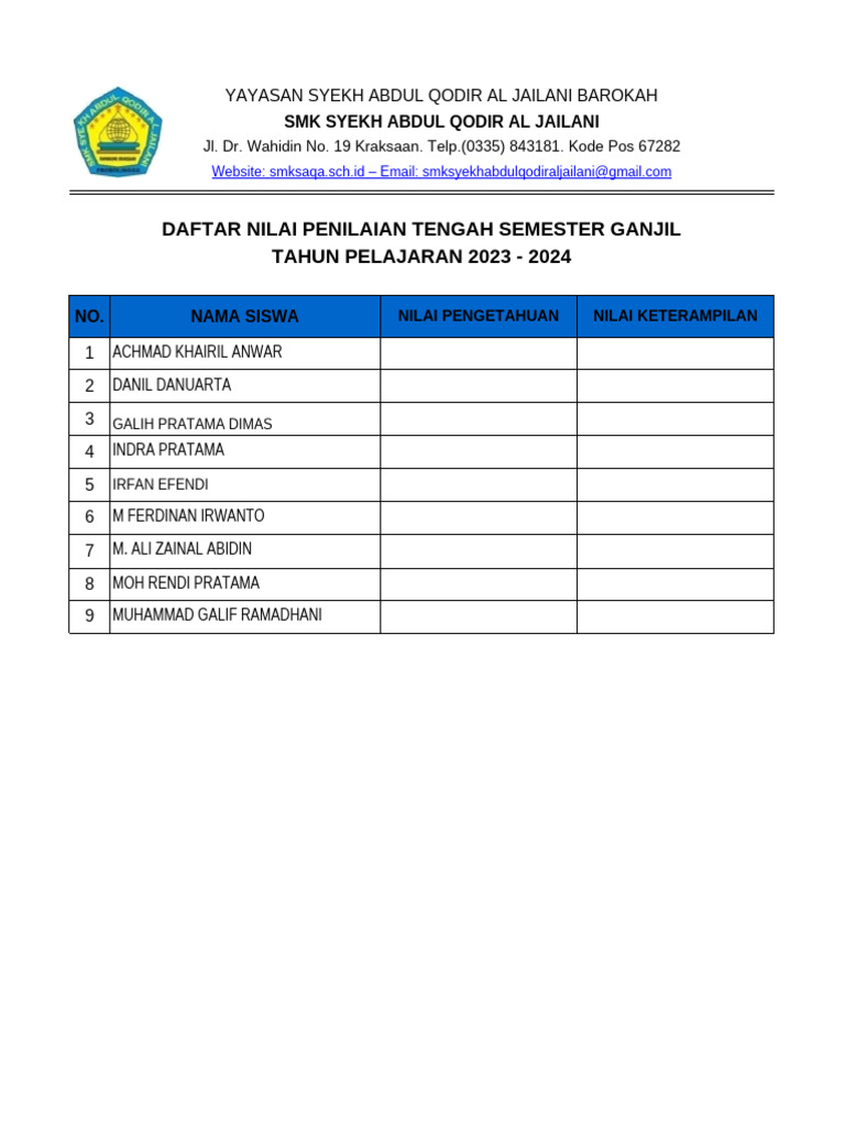 Form Nilai Pts Kls X | PDF