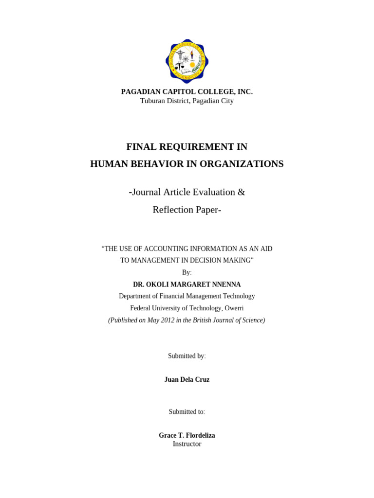 Format Journal Article Evaluation Reflection Paper | PDF