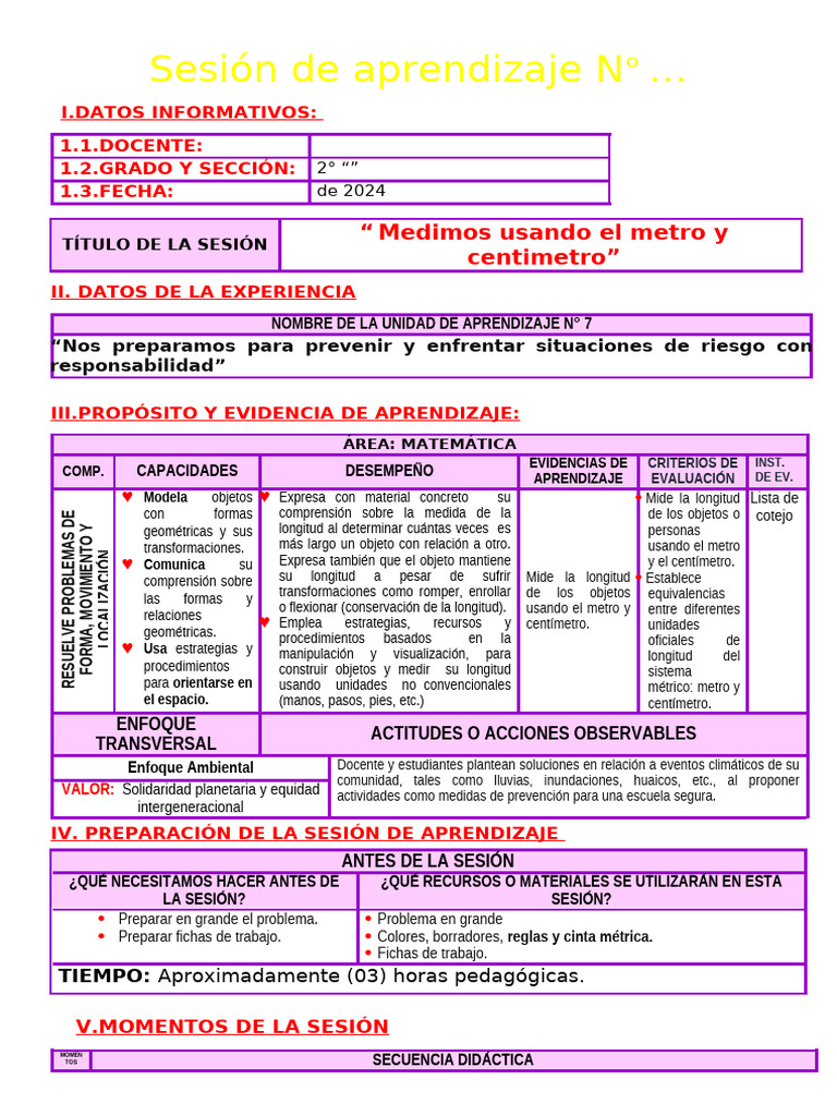 Sesión Medimos Con Metros y Centimetros Maestra Janet | PDF