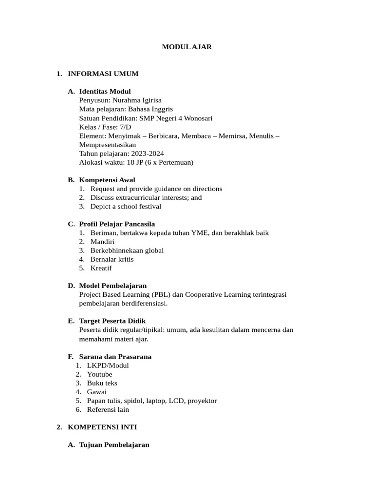 Modul Ajar - Chapter 5 - Unit 1,2 & 3 - Kelas Vii | PDF
