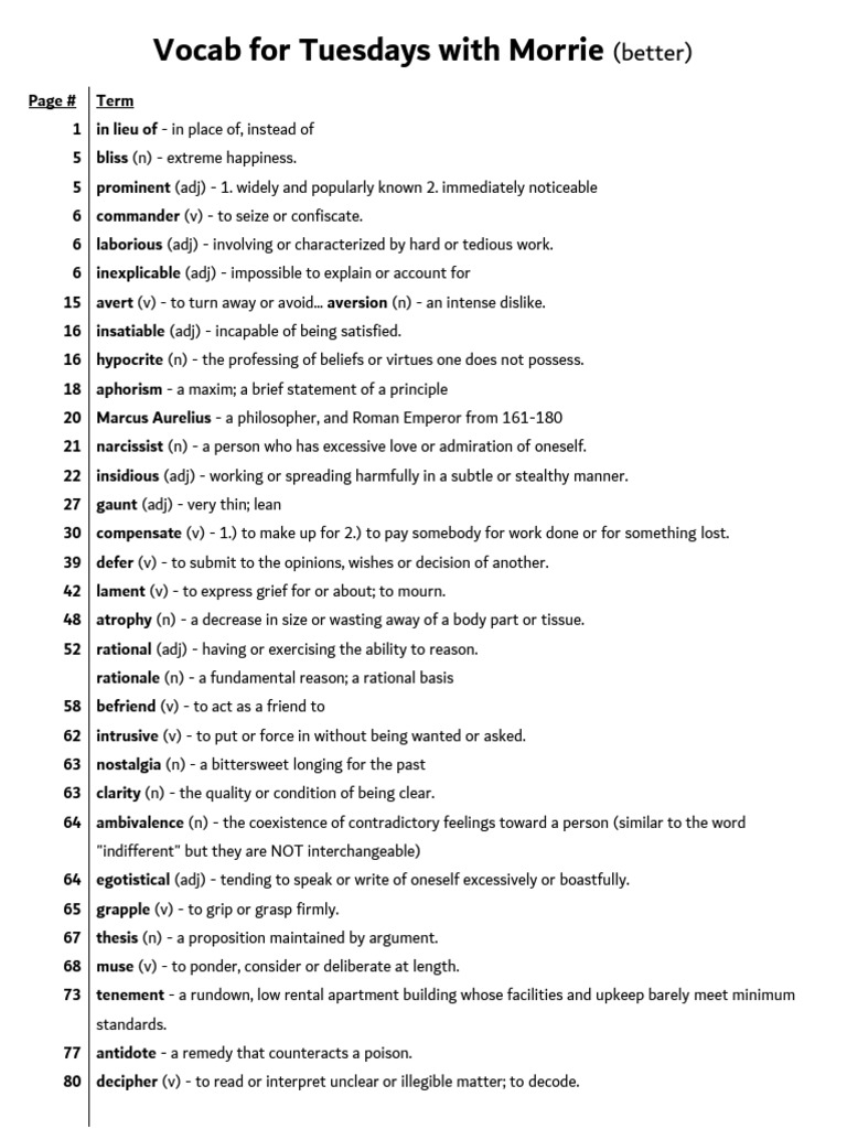 Vocabulary List For Tuesdays With Morrie | PDF