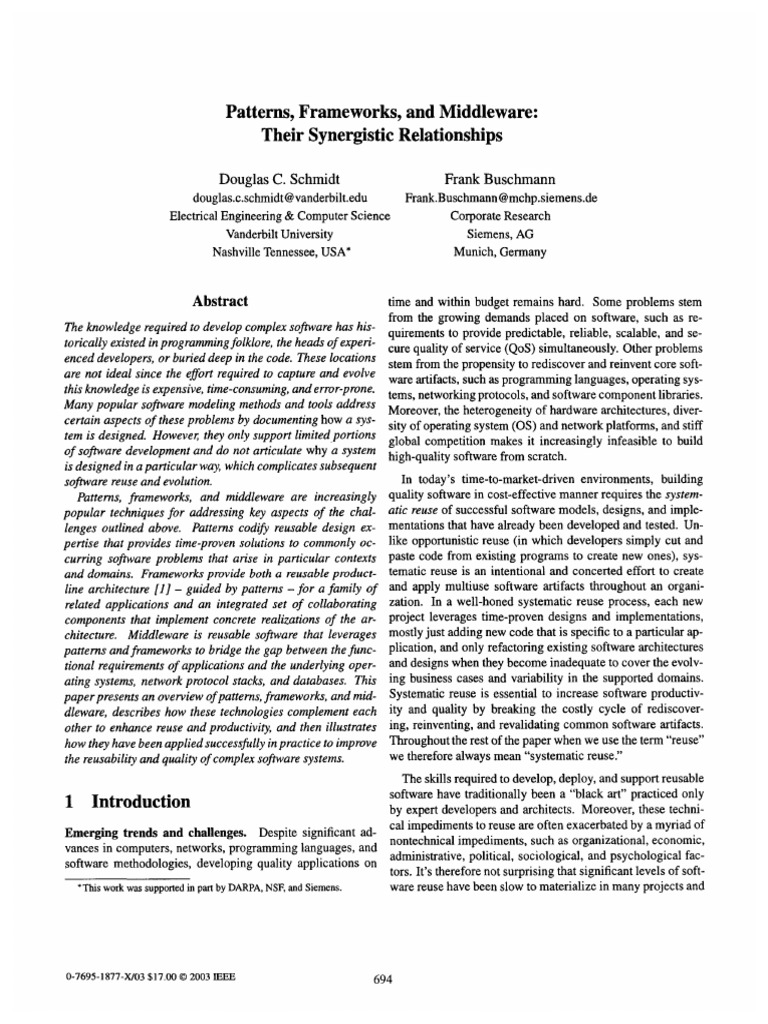 2003 Schmidt-Patterns Frameworks and Middleware Their Synergistic Relationships | PDF