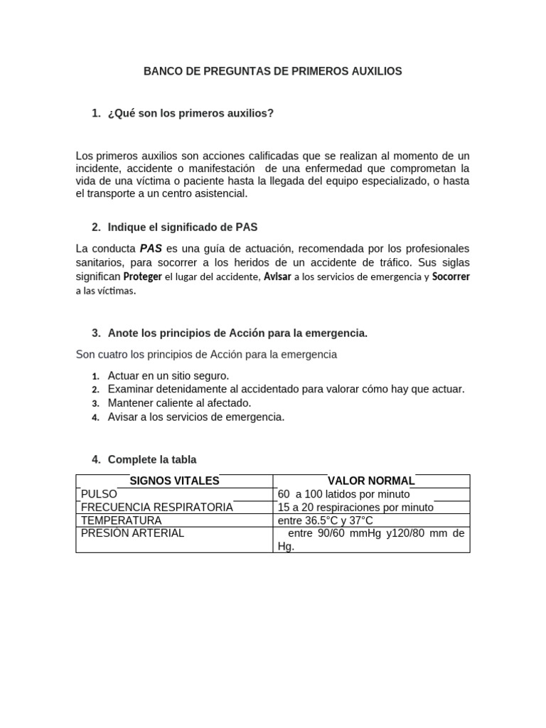 Banco de Preguntas de Primeros Auxilios | PDF