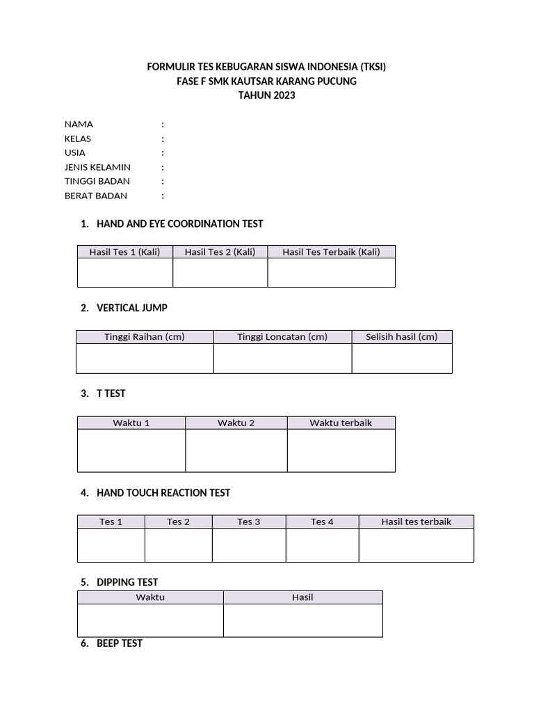 Formulir Tes Kebugaran Siswa Indonesia | PDF