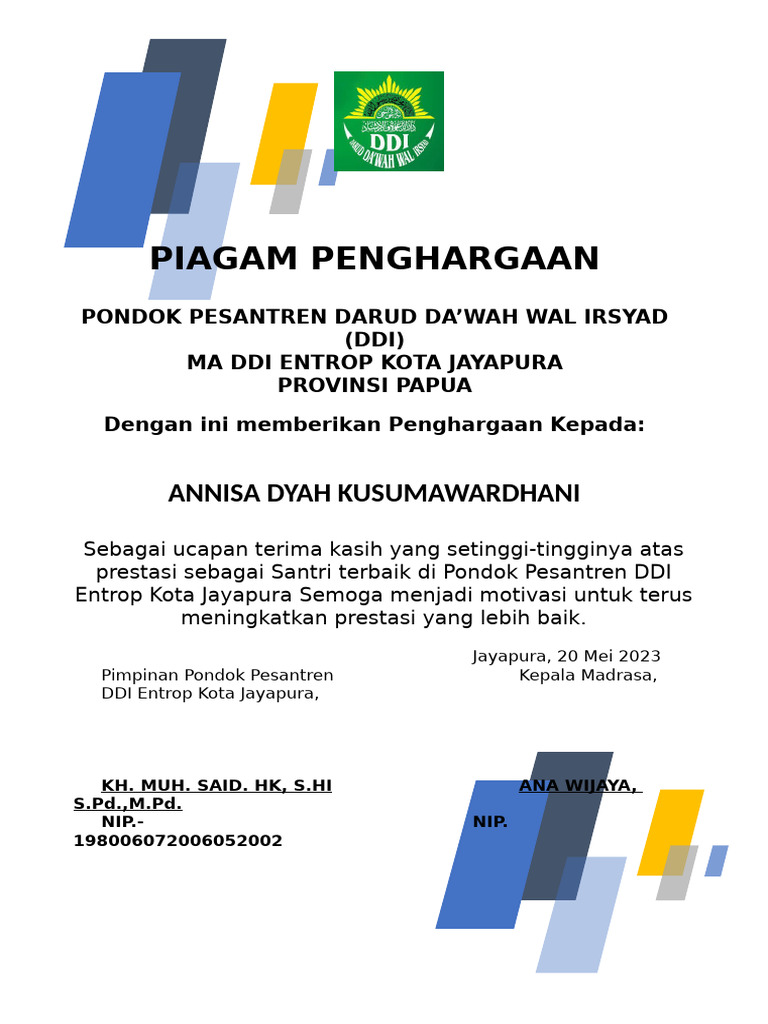 Piagam Santri Terbaik 2023 | PDF