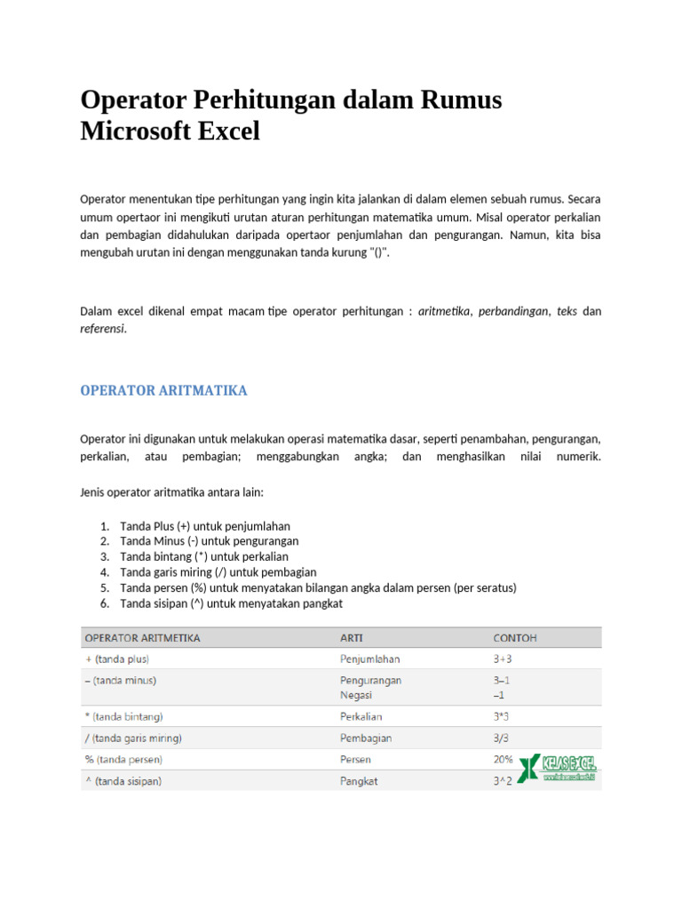 Operator Perhitungan Dalam Rumus Microsoft Excel | PDF