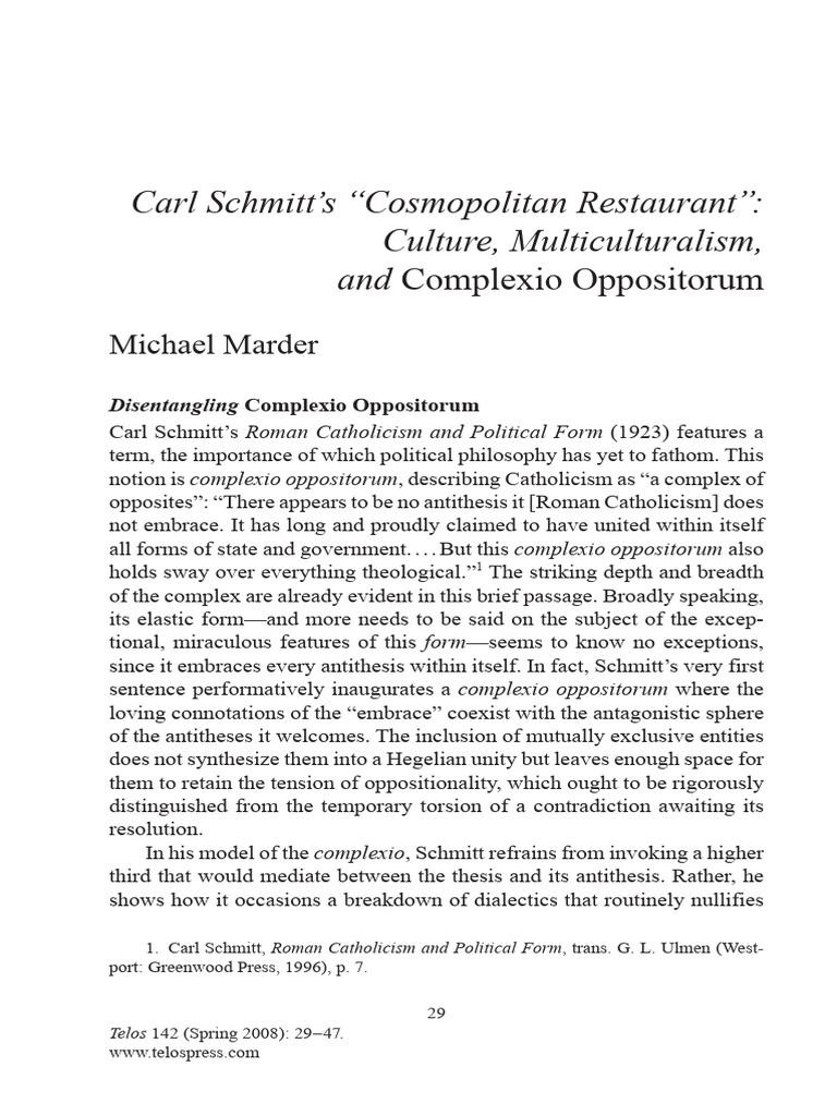 Complexio Oppositorum, MARDER, Carl Schmitt's Cosmopolitan Restaurant ...