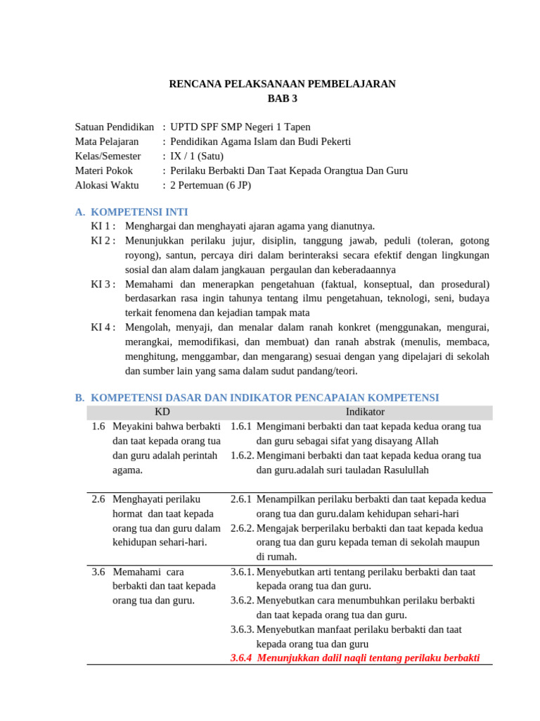 RPP Pai K9 K13 - Berbakti Dan Taat KPD Ortu Dan Guru | PDF