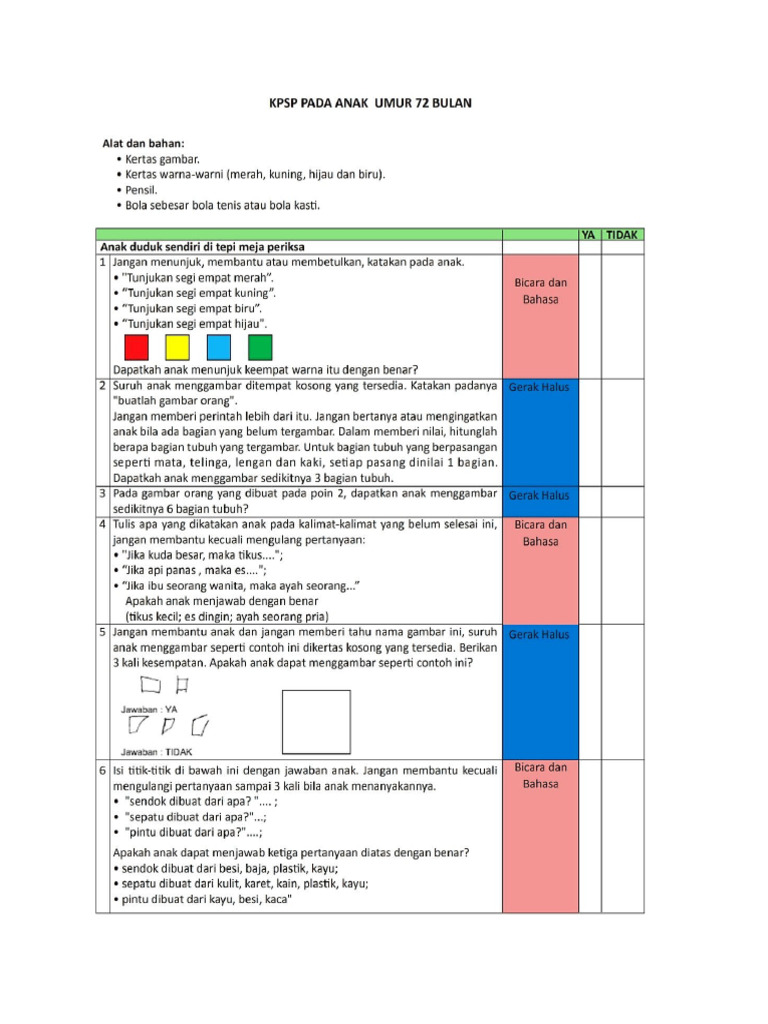 KPSP Usia 72 Bulan, Format Penilaian KPSP & DDST | PDF