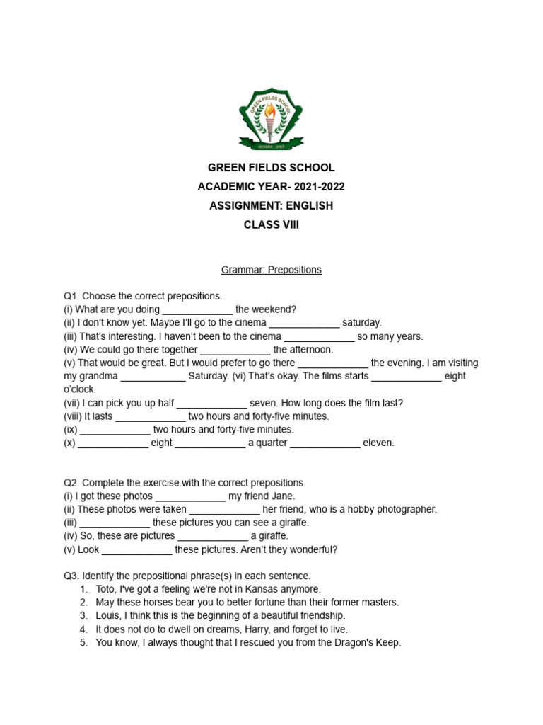 Prepositions Class 8 | PDF