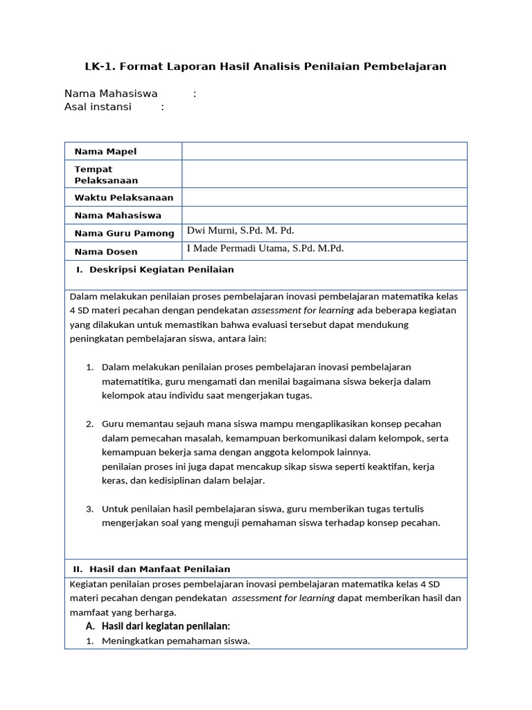 Format Hasil Asesmen Pembelajaran | PDF