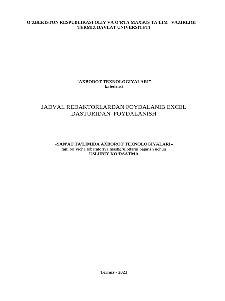 3-Laboratoriya Jadval Redaktorlardan Excel Dasturidan Foydalanish | PDF