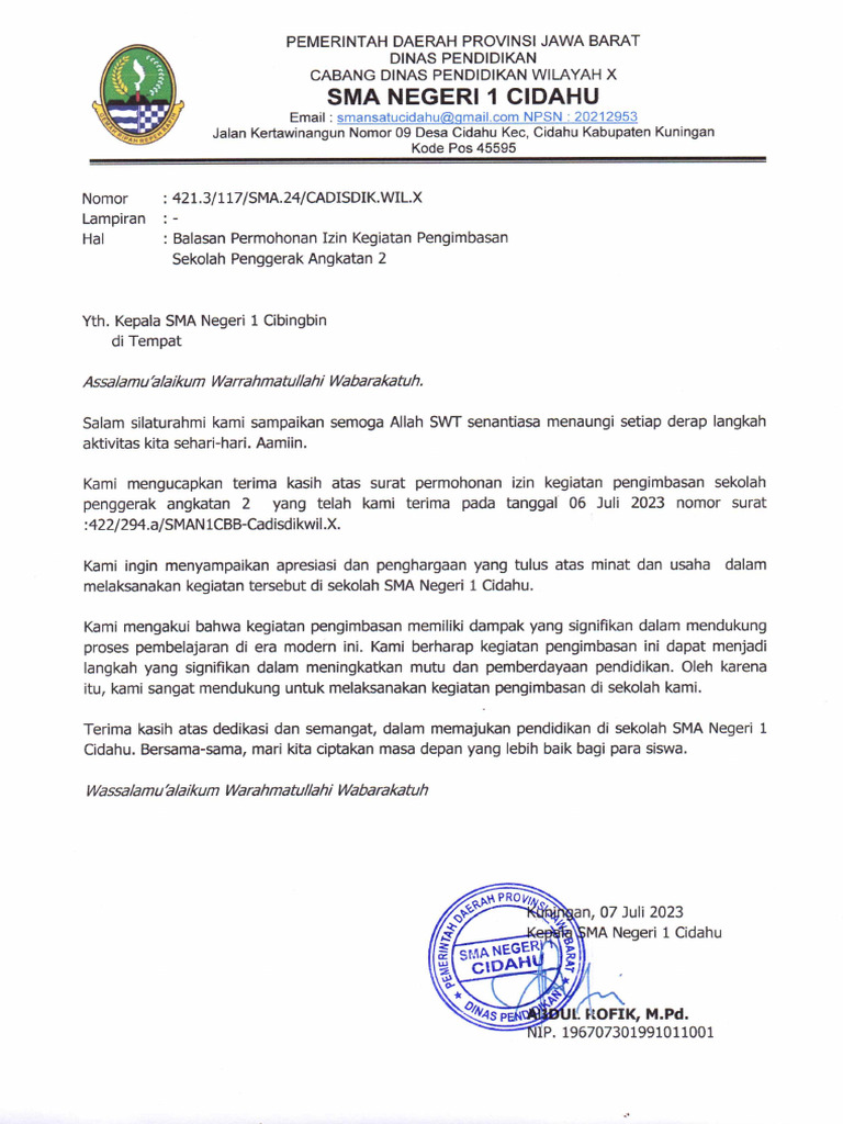 Surat Ijin Balasan Pengimbasan Sman 1 Cidahu | PDF