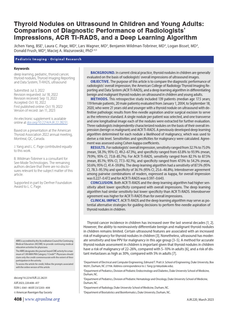 Yang Et Al 2022 Thyroid Nodules On Ultrasound in Children and Young Adults Comparison of ...