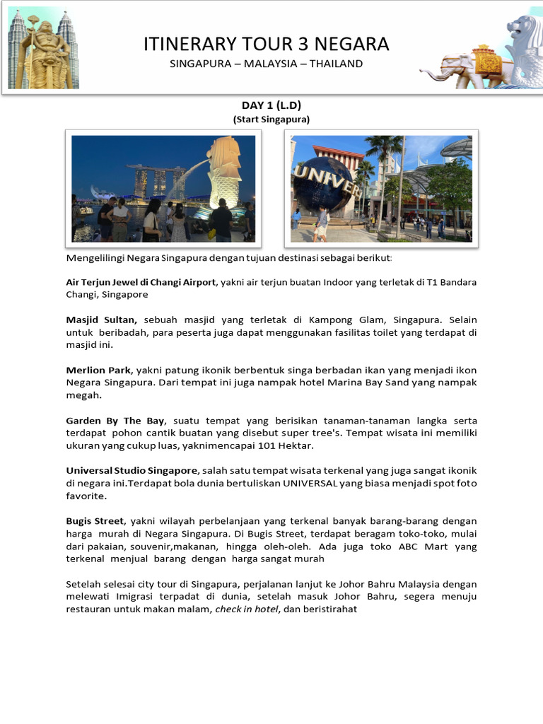 Itinerary Tour 3 Negara Start Singapura | PDF