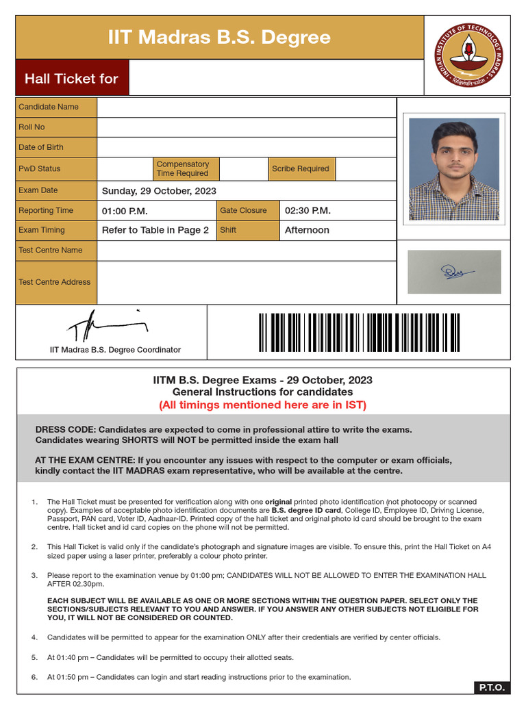 Iit Madras Hall Ticket | PDF