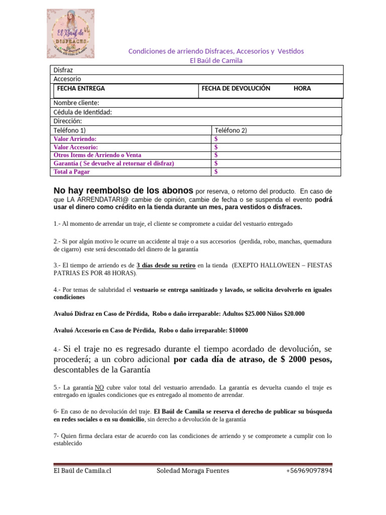 Nuevo Contrato de Arriendo Disfraces 2023 | PDF