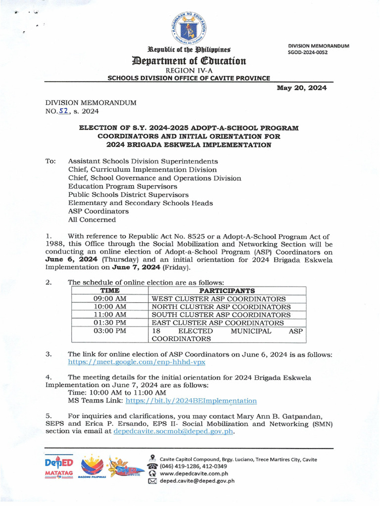 SGOD 2024 DM 052 - Orientation | PDF