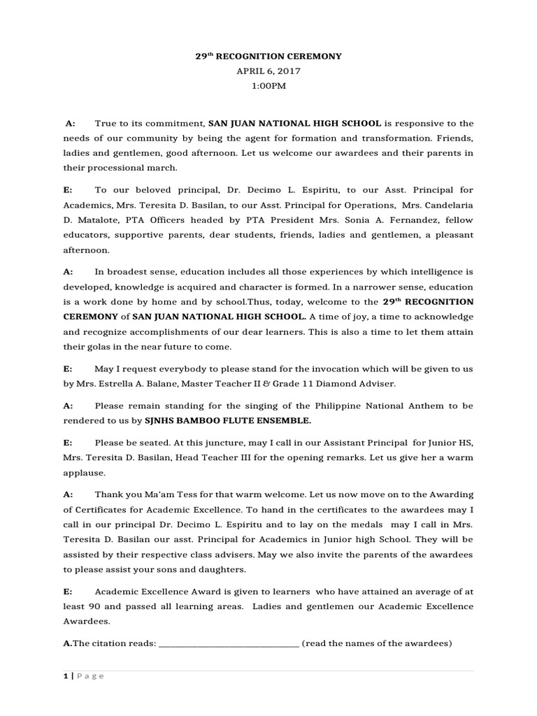 29th RECOGNITION CEREMONY SCRIPT | PDF