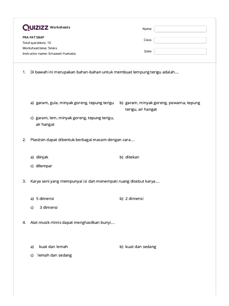 PRA PAT SBDP - Quizizz SESI 1 | PDF
