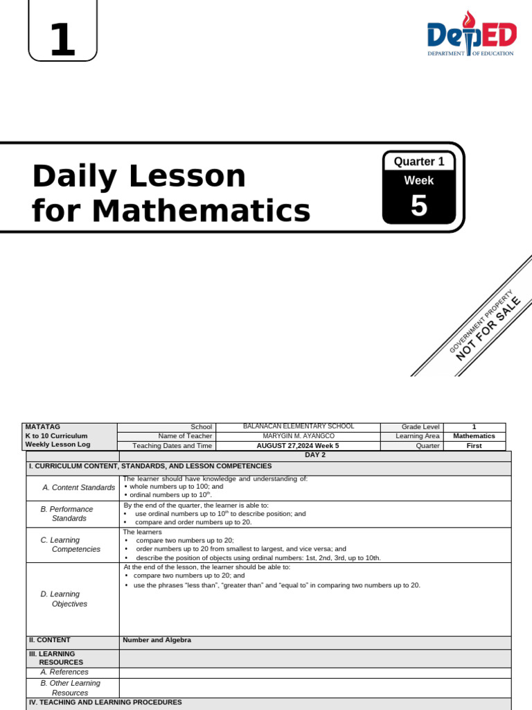 LE Math1 Q1 Wk5 D2 | PDF