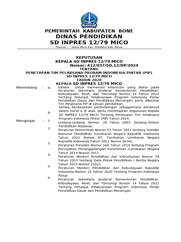 Contoh Template SK Tim Pelaksana PIP Fix | PDF