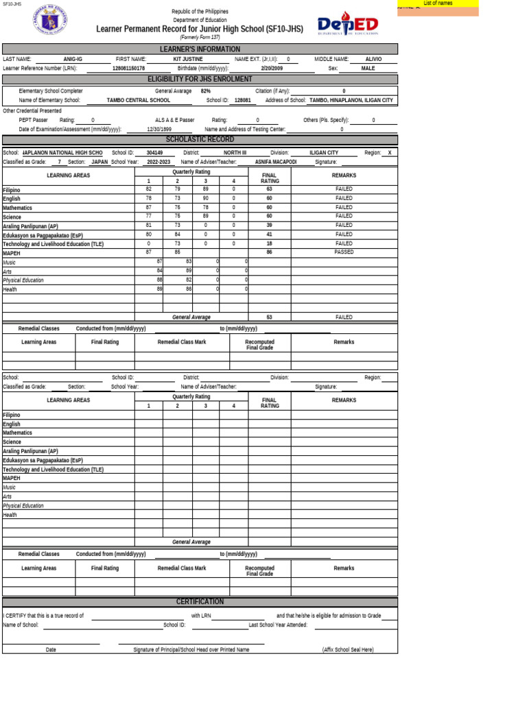Form 137 Sample Template | PDF