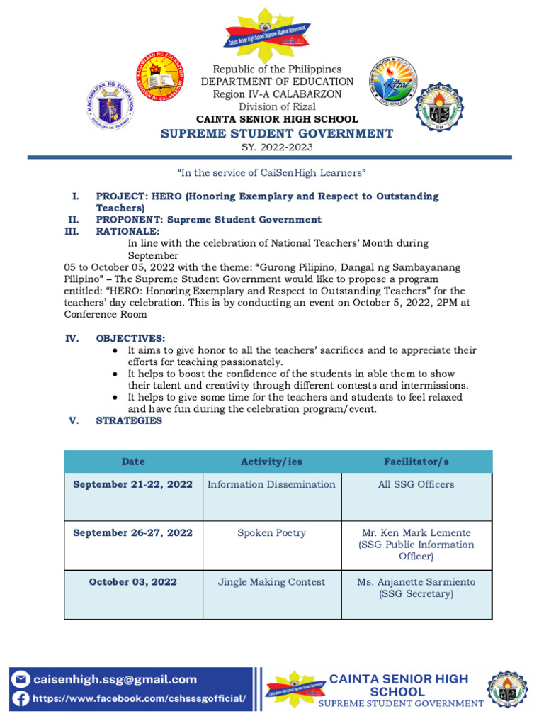 SSG Proposal 001 HERO World Teachers Day Celebration | PDF