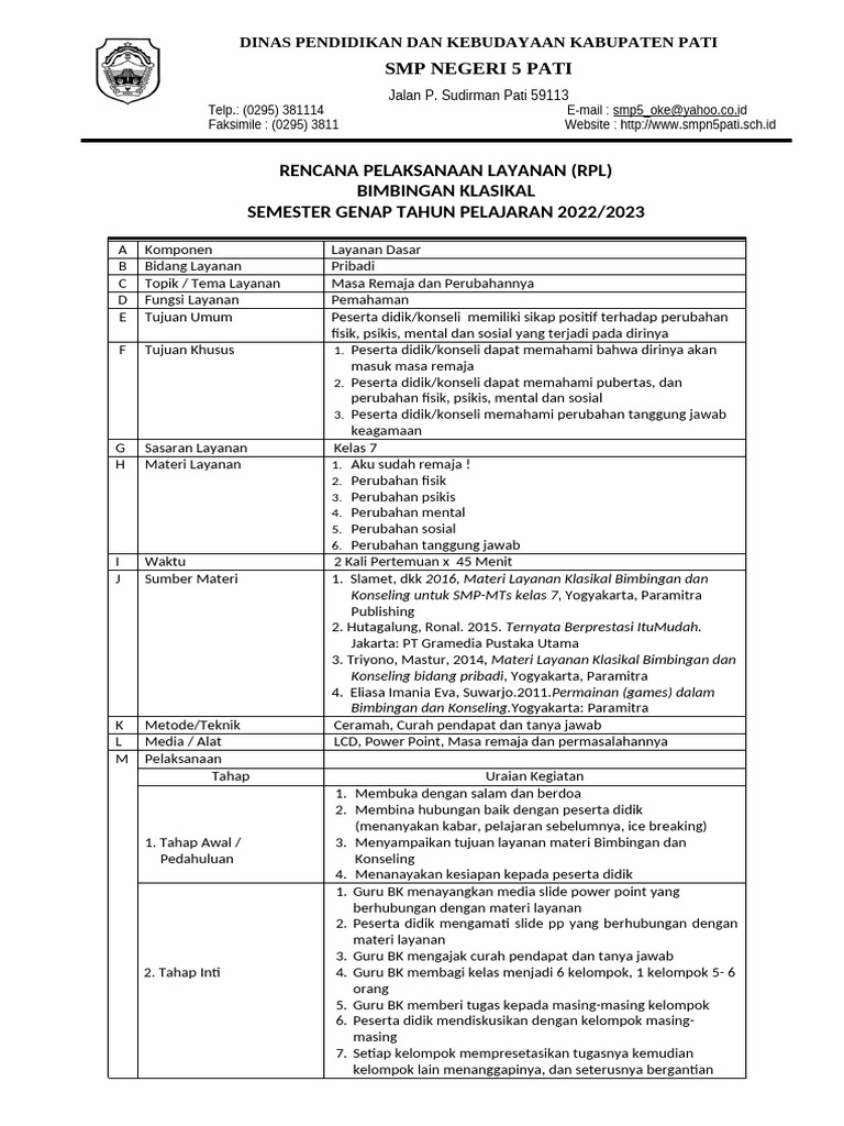 RPL MASA REMAJA DAN PERUBAHANNYA (Genap) | PDF