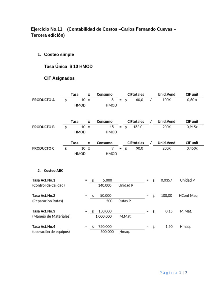 Taller de Costos No.1 | PDF