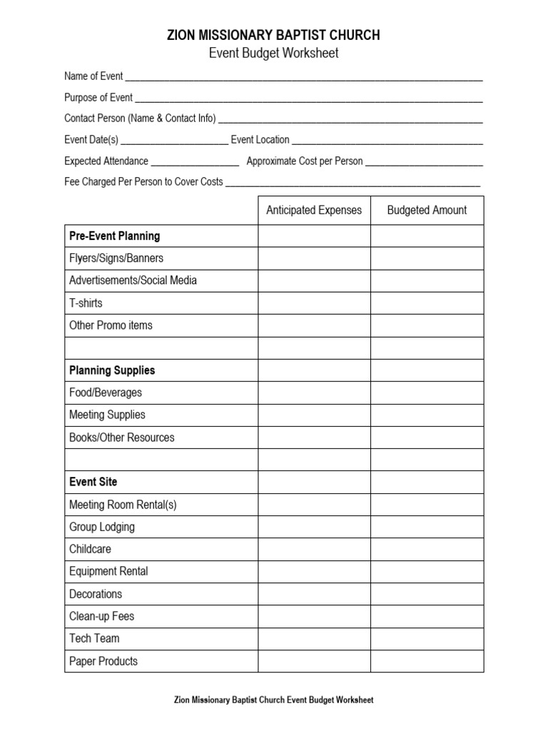 Church Event Budget Worksheet | PDF