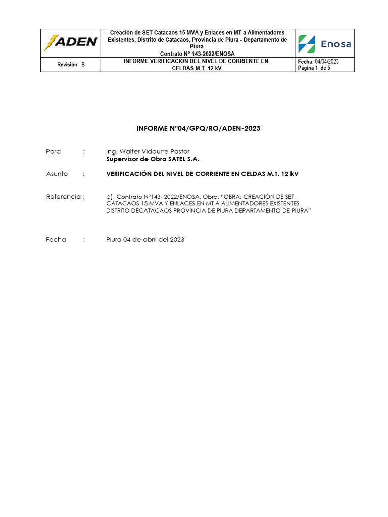 INFORME N°04_VERIFICACION DEL NIVEL DE CORRIENTE EN CELDAS M.T. 12 kV_A | PDF