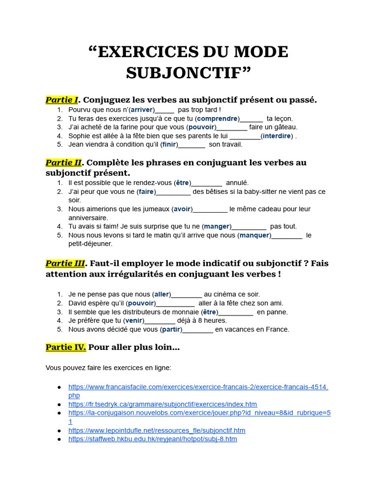 "Exercices Du Mode Subjonctif" - Groupe 4 | PDF
